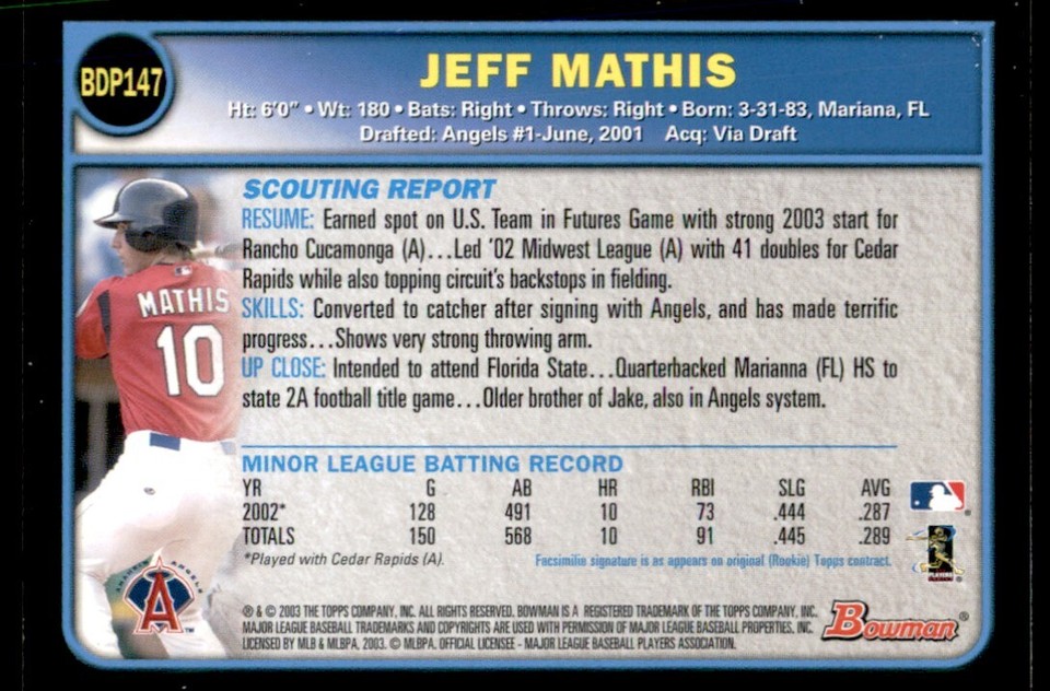 2003 BOWMAN DRAFT PICKS & PROSPECTS JEFF MATHIS ANAHEIM ANGELS #BDP147 ...