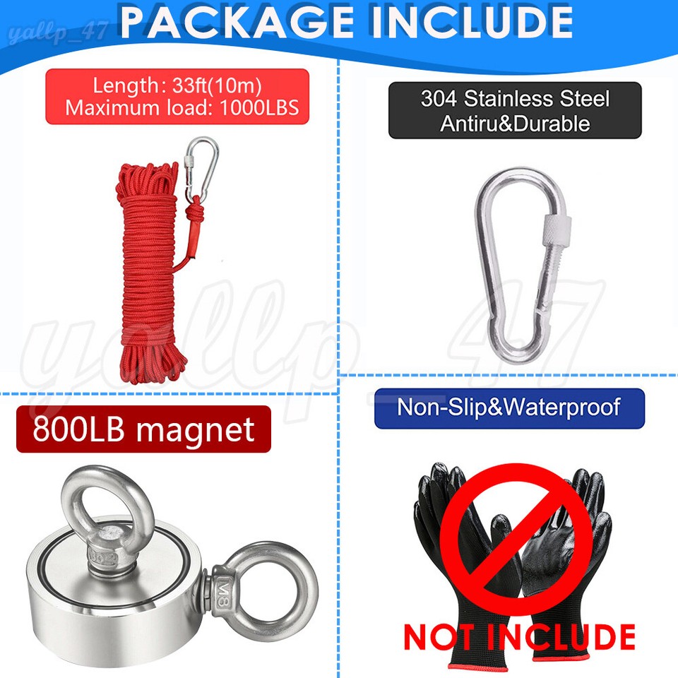 700LBS Fishing Magnet Rope Kit Double Sided Strong Neodymium Searching ...