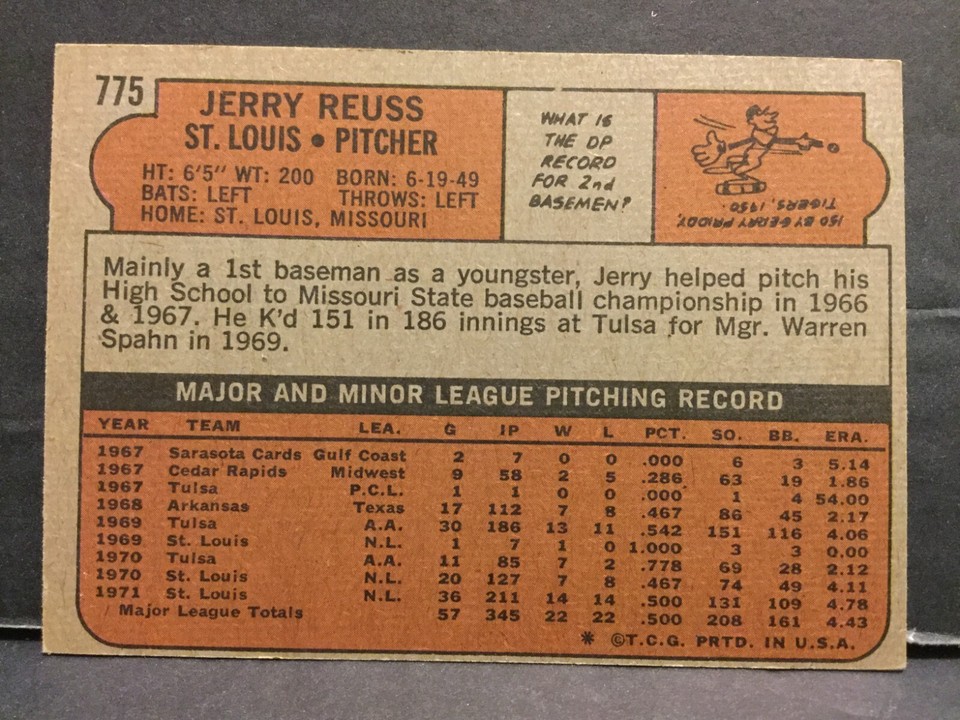 1972 Topps Baseball High Number #775 Jerry Reuss Cardinals Card Sku43D ...