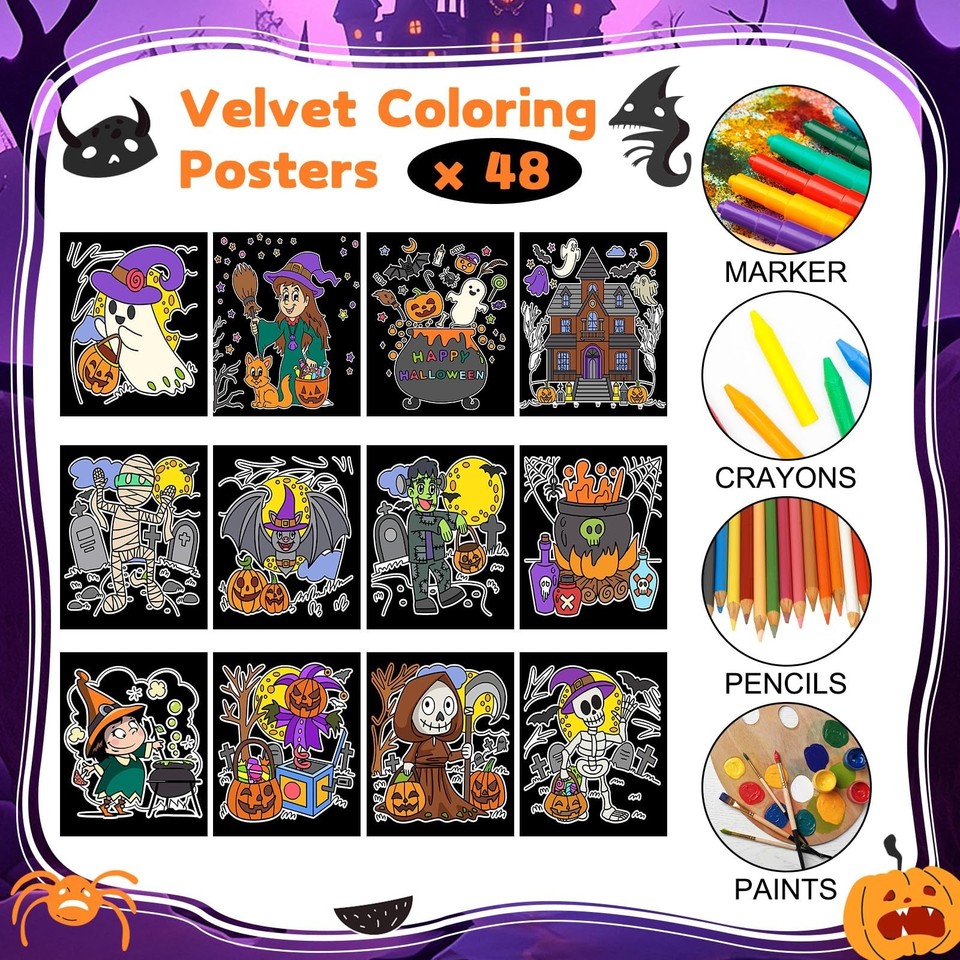 48 Pcs Halloween Velvet Coloring Posters Fuzzy Felt Coloring Pages ...