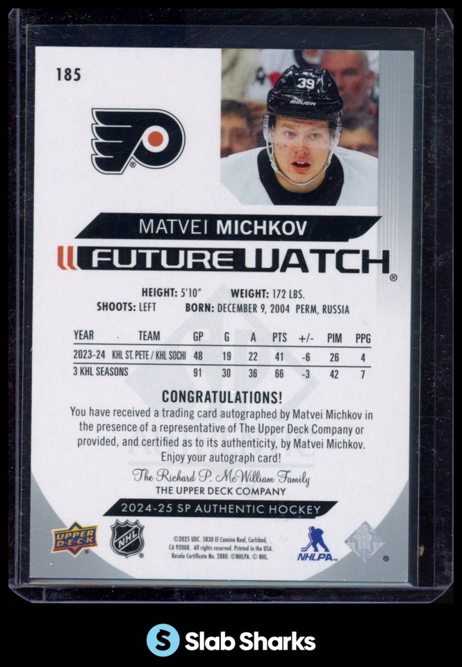 2024 UPPER DECK SP AUTHENTIC #185 MATVEI MICHKOV FUTURE WATCH AUTO ROOKIE /999 | eBay