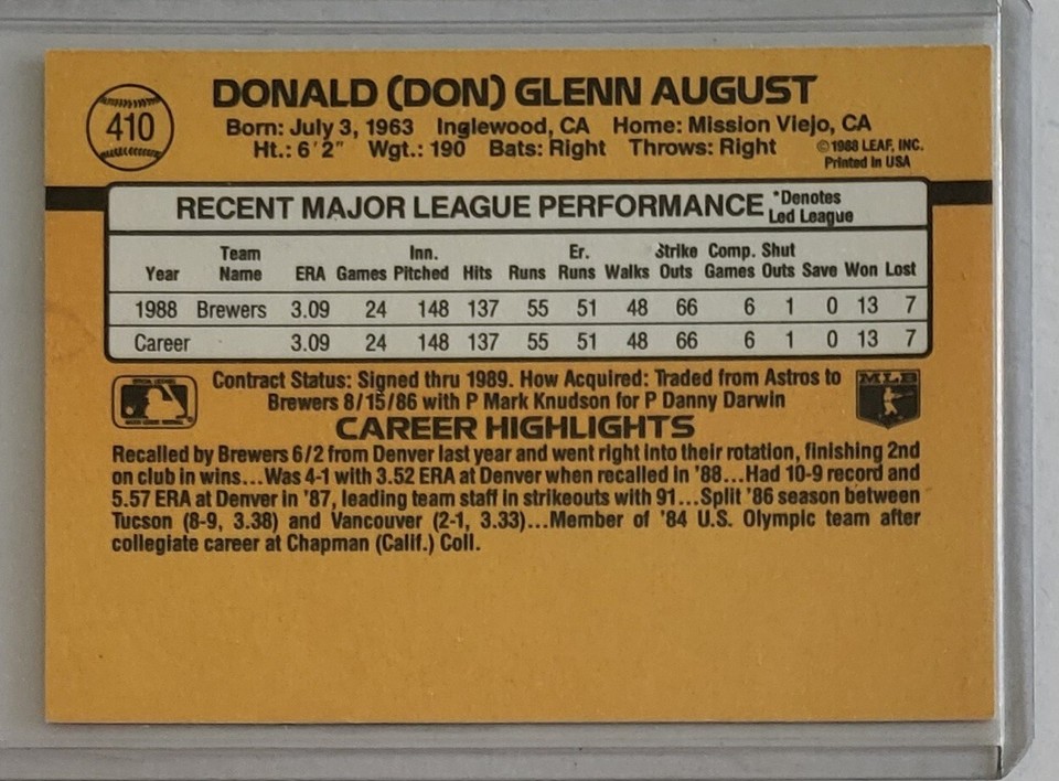 Autograph....1989 Donruss #410 Don August Milwaukee Brewers Baseball ...
