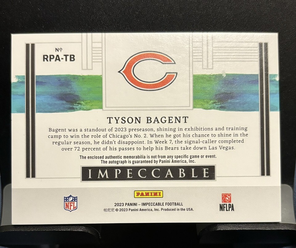 2023 Impeccable Tyson Bagent RC Rookie Patch Autograph RPA /99 Chicago ...