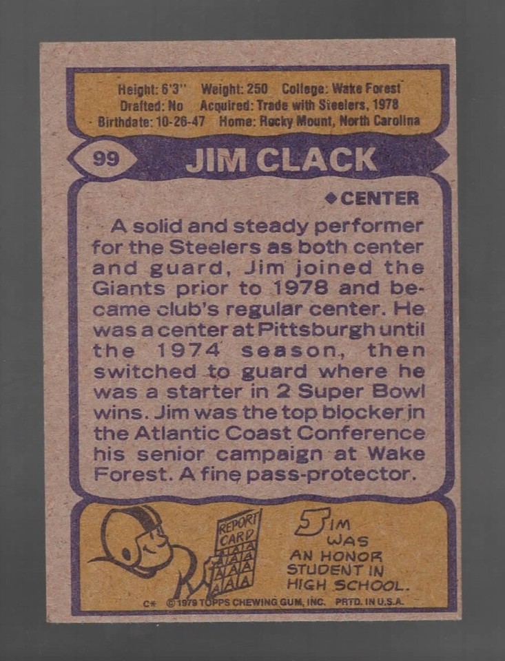 1979 Topps #99 Jim Clack Cream Colored Back Excellent | eBay
