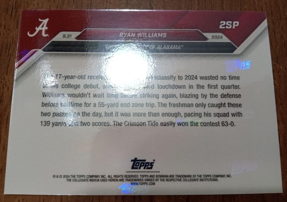 2024 Bowman U Now #2SP Ryan Williams Rainbow Foil Image Variation Card Alabama | eBay