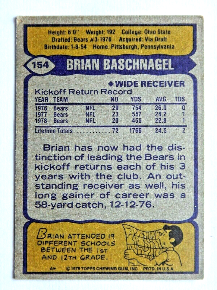 Brian Baschnagel #154 Topps 1979 Football Card (Chicago Bears) *VG | eBay