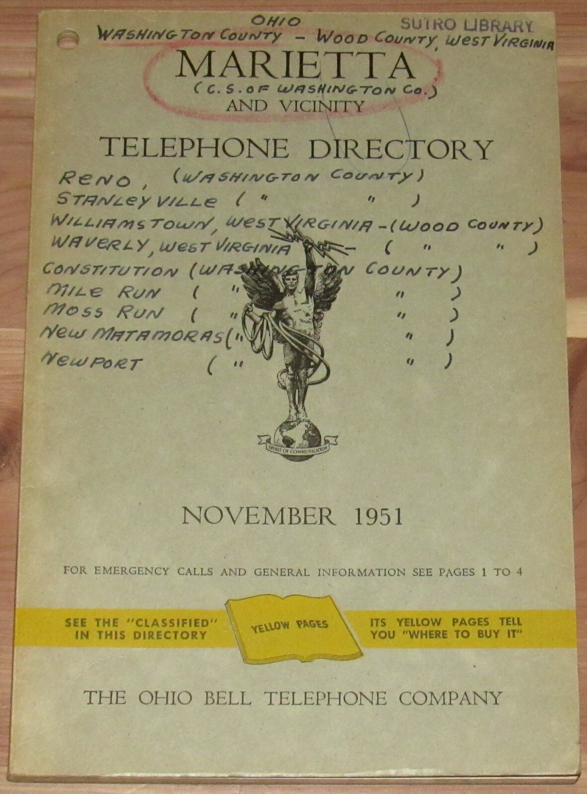 1951 MARIETTA OHIO & WEST VIRGINIA TELEPHONE DIRECTORY, RENO ...