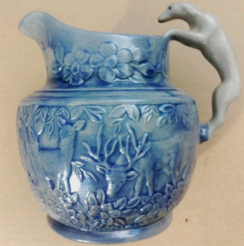 BBP Beaumont Brothers Pottery Pitcher Hunting Scene W Deer Dog Handle ...