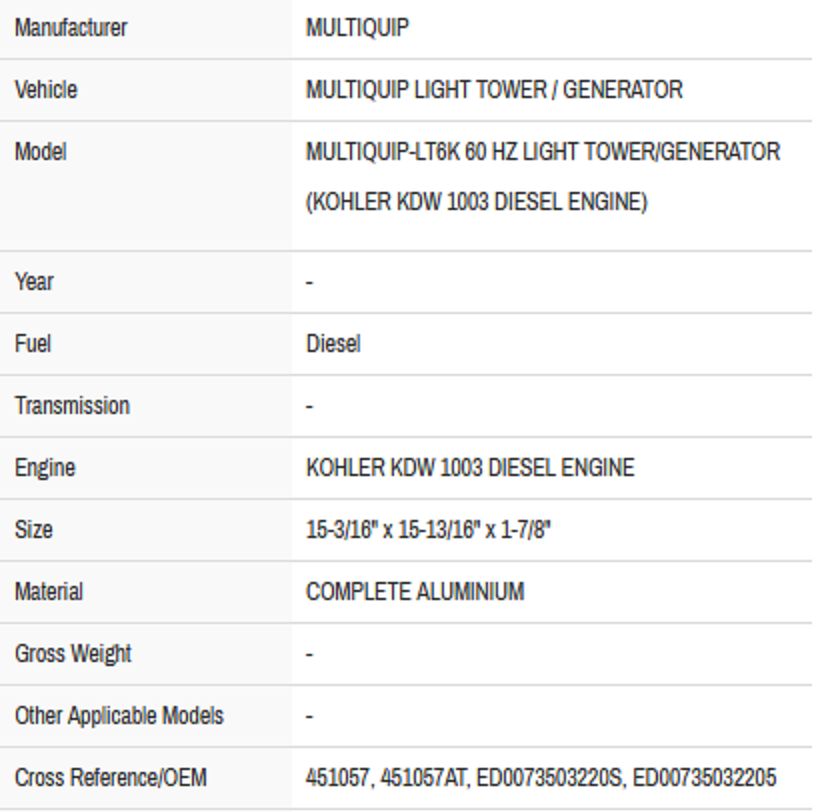 Light tower radiator - Multiquip / Kohler- #451057, ED0073503210S ...