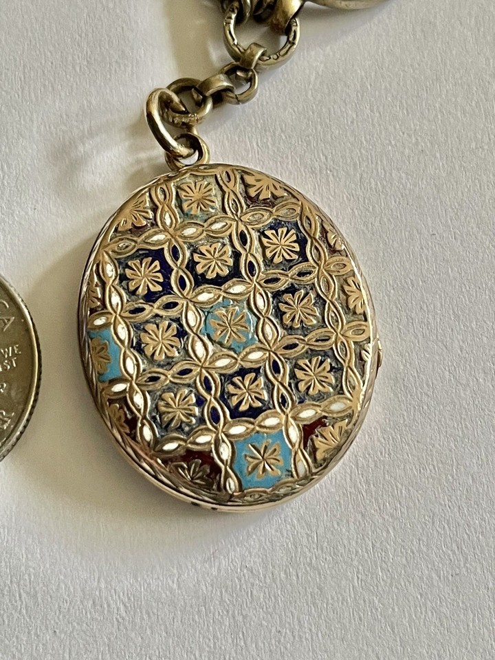 Antique Victorian Rolled Gold Enamel Oval Locket & Fob Watch Chain 5 1/ ...