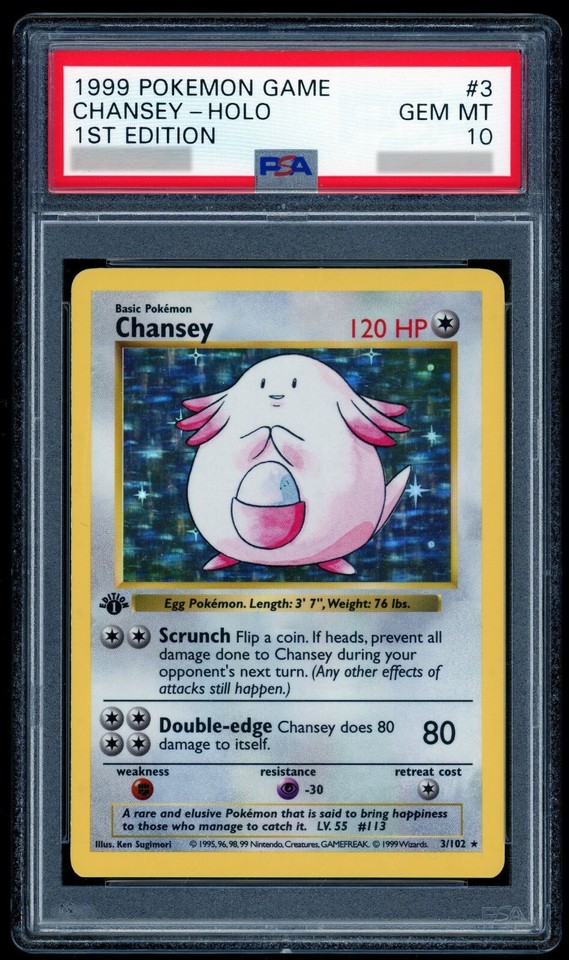 1999 Pokémon Base Set 1st Edition Shadowless Holo Chansey #3 GEM MINT ...