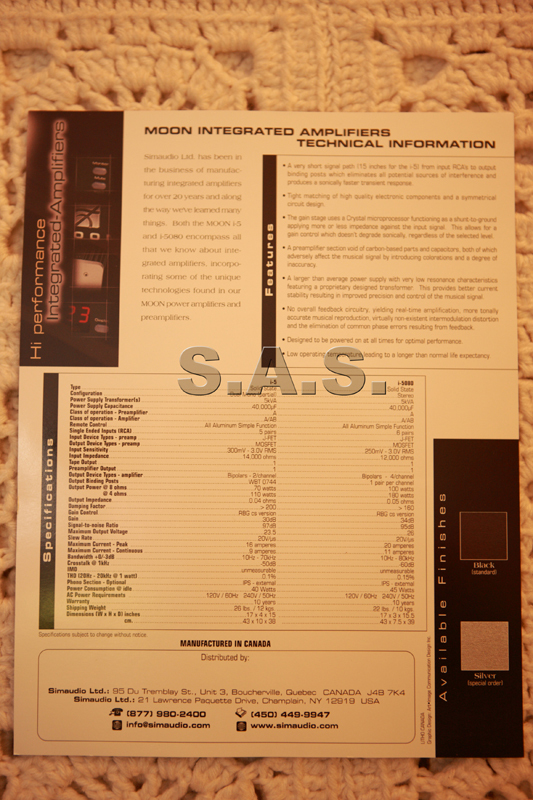 SIM AUDIO MOON OEM PRODUCT BROCHURE - i5/i5080 INTEGRATED AMPLIFILER ...