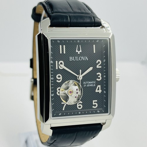 Bulova Men's Sutton Automatic Rectangle Silver/Black Leather Watch ...