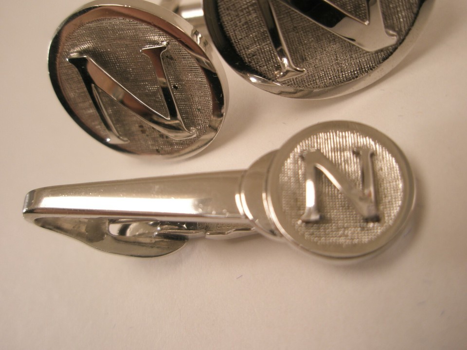 N Initial Monogram Letter Vintage Cuff Links & Tie Bar Clip niles ...
