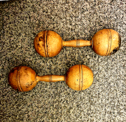 ANTIQUE PAIR WOODEN BARBELLS /WEIGHTS SOLID WOOD PRIMITIVE Approx 1 ...