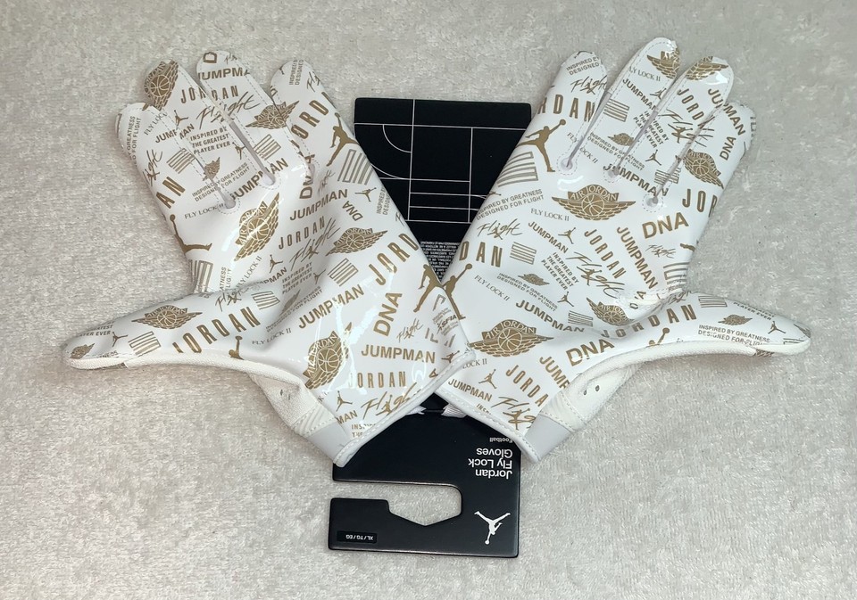 NIKE AIR JORDAN FLY LOCK 2.0 FOOTBALL GLOVES #1013233 140 XL WHITE GOLD ...