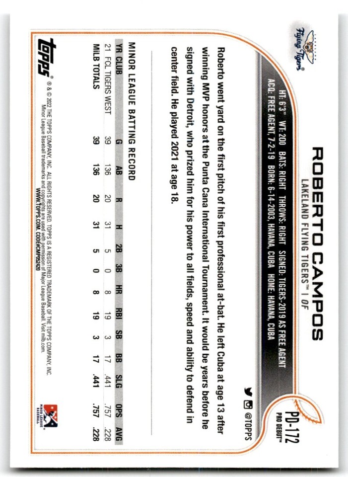 2022 TOPPS PRO DEBUT ROBERT CAMPOS #PD-112 | eBay