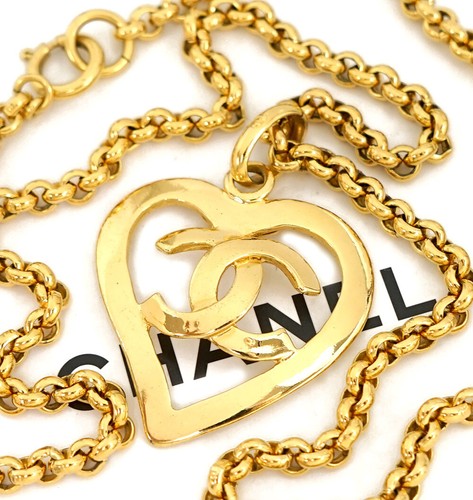 CHANEL CC Logos Heart Pendant Necklace 24" Gold Tone 95P Auth l11382 | eBay
