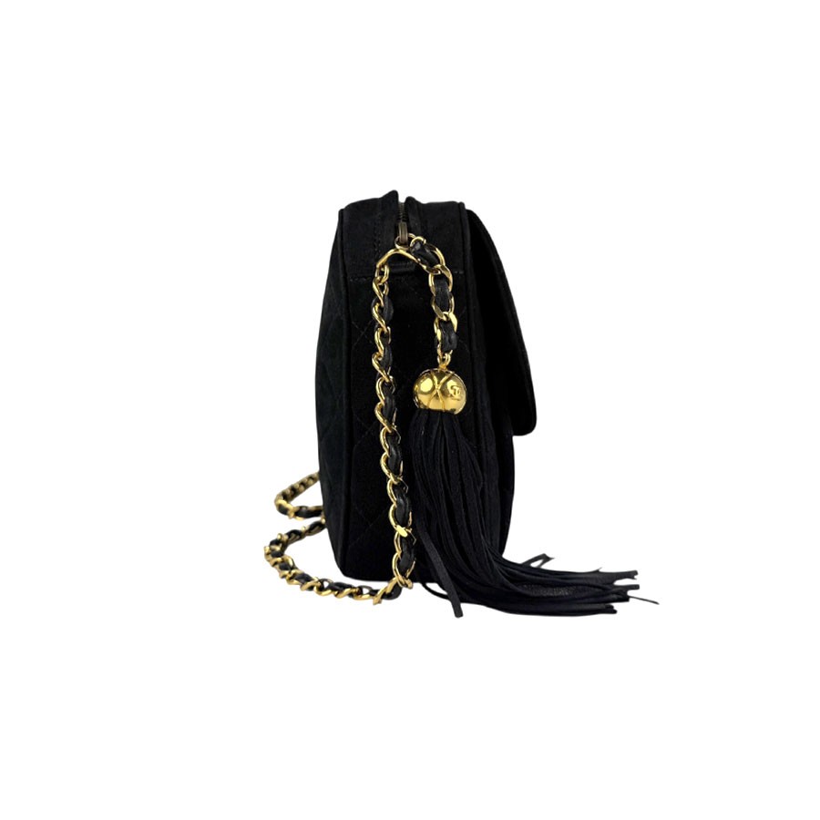 Borsa a tracolla originale CHANEL catena nera/oro scamosciata/metallo ...