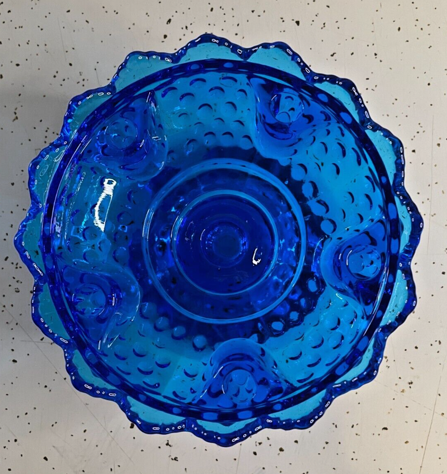 Vintage Fenton Blue Hobnail Glass 6 Candle Holder Pedestal Footed Bowl ...