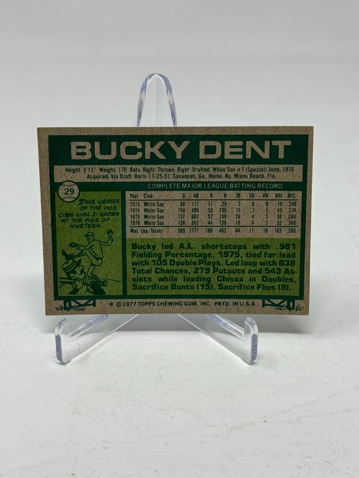 1977 Topps Baseball Bucky Dent Card #29 B | eBay