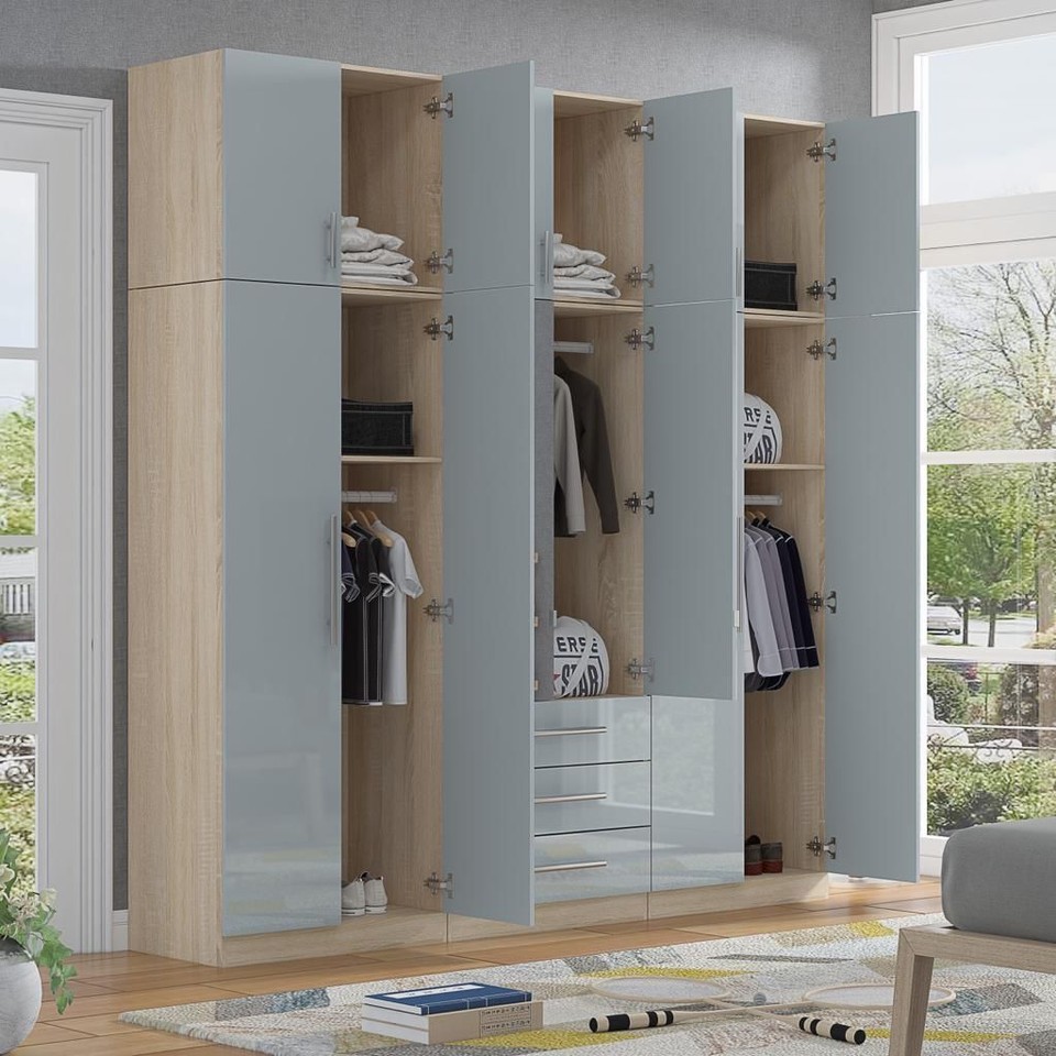 Top box 6 Door HIGH GLOSS GREY fitment mirrored wardrobe, 3 top box, 3 ...