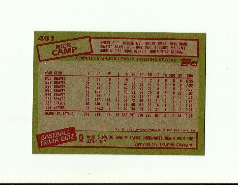 1985 TOPPS #491 Rick Camp: Atlanta Braves: Pitcher: Baseball Card: MLB ...