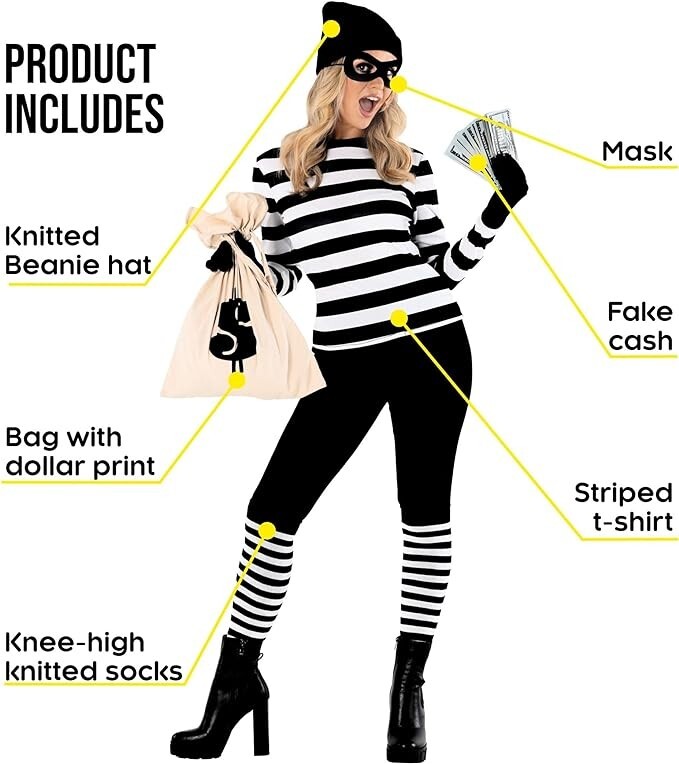 Women`s Burglar Costume Adult Ladies` Bank Robber Convict Outfit ...
