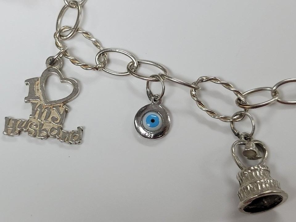 SJC Sterling Silver Charm Bracelet With 9 Charms 8.5" ~ 18.7 g ~ 7-E747 ...