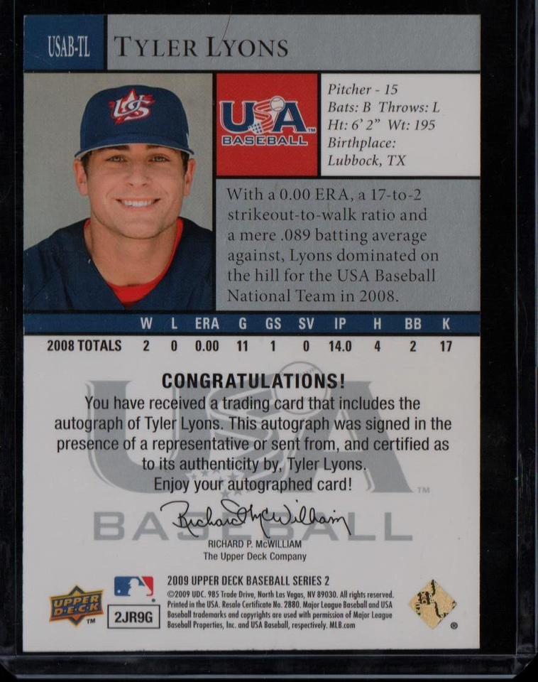 Tyler Lyons 2009 UD USA Baseball National Team On-Card Autograph (RC ...