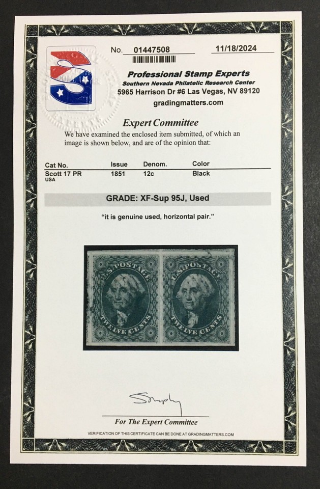 MOMEN: US STAMPS #17 PAIR USED PSE GRADED CERT XF-SUP 95J LOT #92474 ...