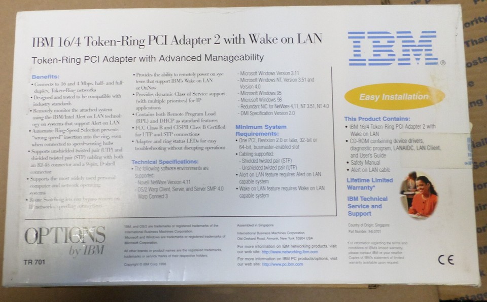 New IBM 30L6208 PCI Token Ring Adapter 2 with Cable New Retail Sealed ...