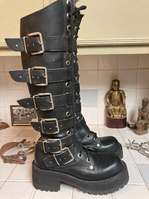 STEAMPUNK TALL BLACK LEATHER BUCKLE STRAP ZIP UP Soft toe Boots Vintage ...
