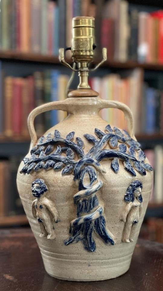 BRUCE STEBNER FOLK ART POTTERY JUG LAMP - ADAM & EVE, SNAKE, TREE OF ...
