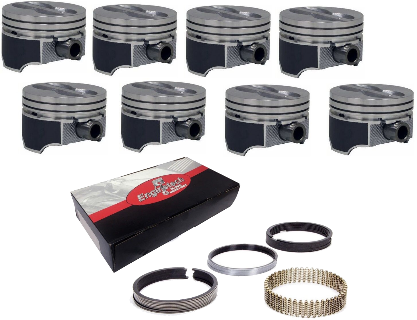 Coated Skirt Hypereutectic Flat Top Pistons w/ Rings for Chevrolet SBC ...