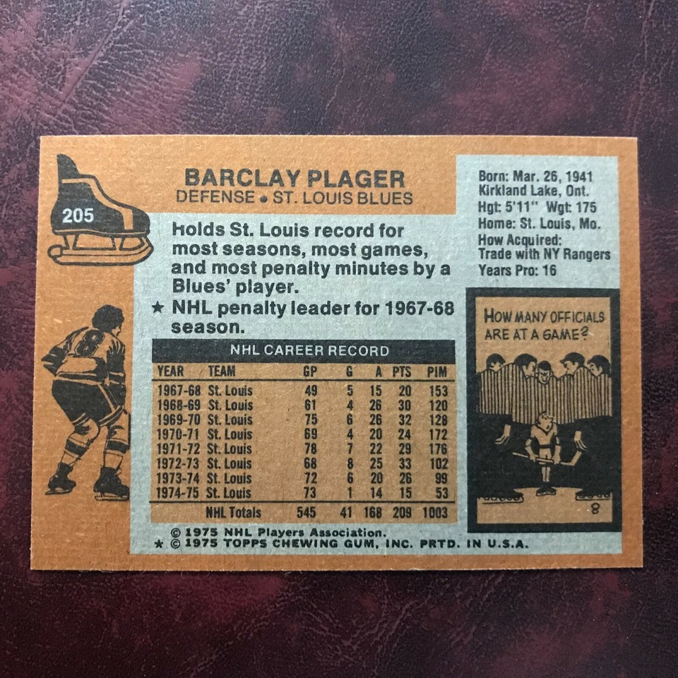 1975-76 Topps Set BARCLAY PLAGER #205 ST. LOUIS BLUES - NR-MINT *HIGH ...