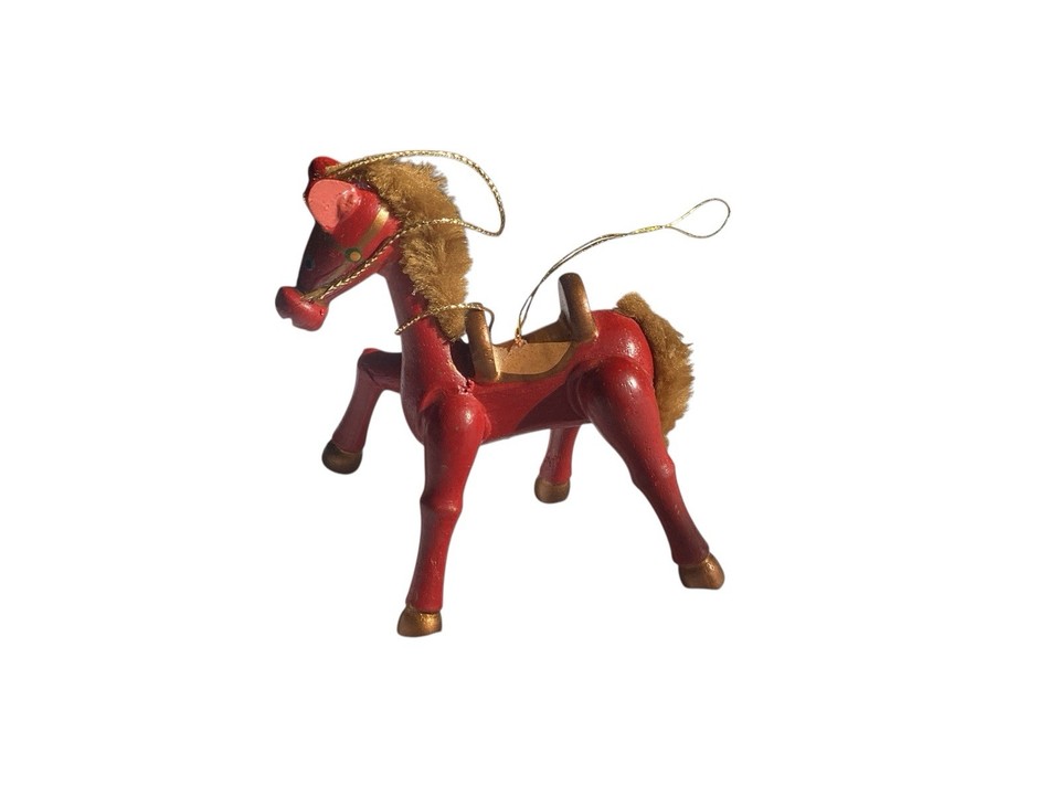 Vtg Wood Christmas Ornament Prancing Horse Fuzzy tail Maine Wood Saddle ...