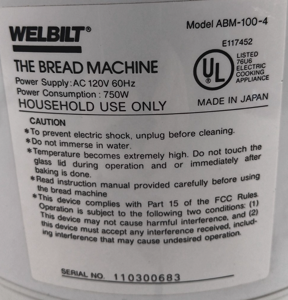 WELBILT Bread Maker The Bread Machine ABM-100 4 White Dome Top 2 Lb Made Japan 51673000415 | eBay