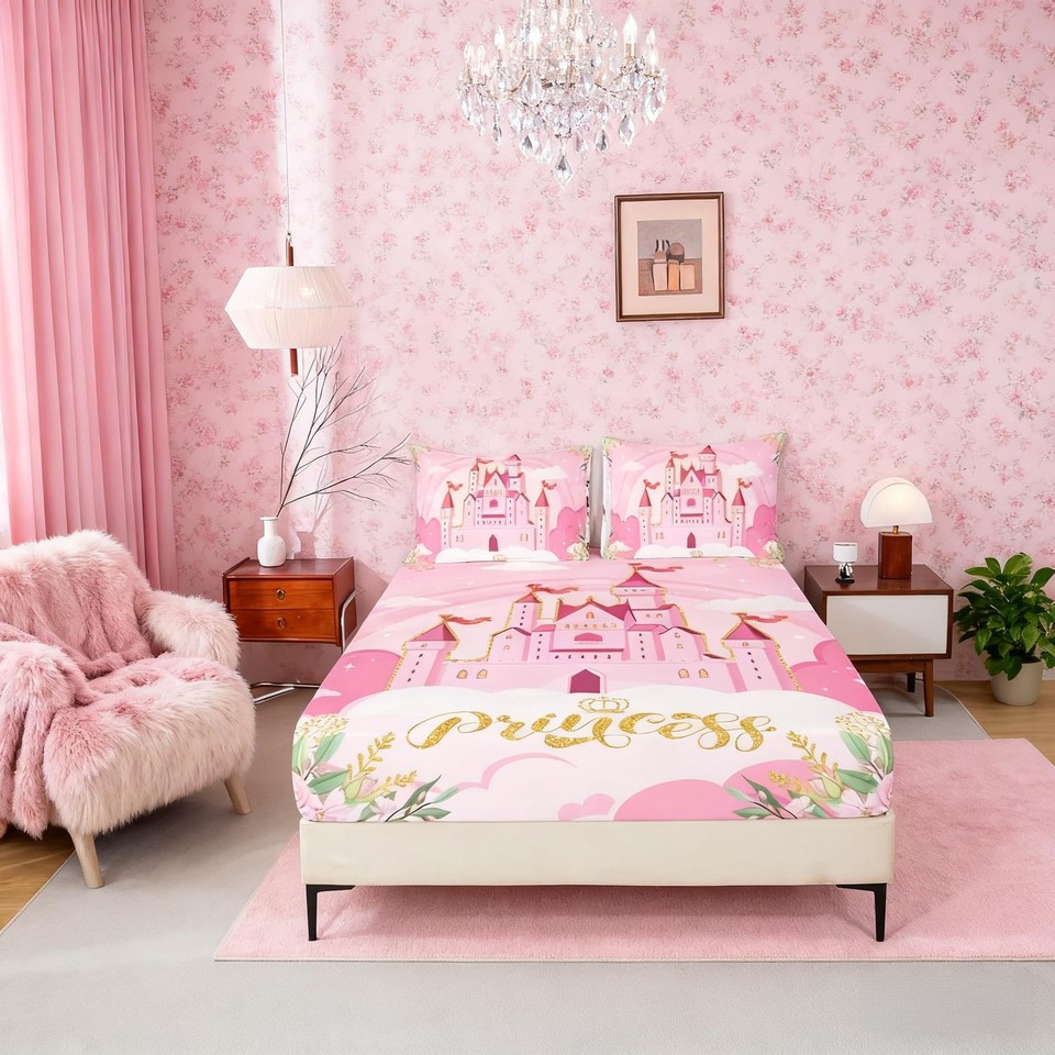 Princess Theme Fitted Full Size,Pink Castle Dreamy Bedding Set with ...