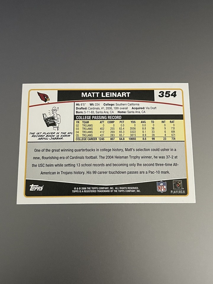 Matt Leinart 2006 Rookie Card RC Topps Arizona Cardinals NFL #354 | eBay