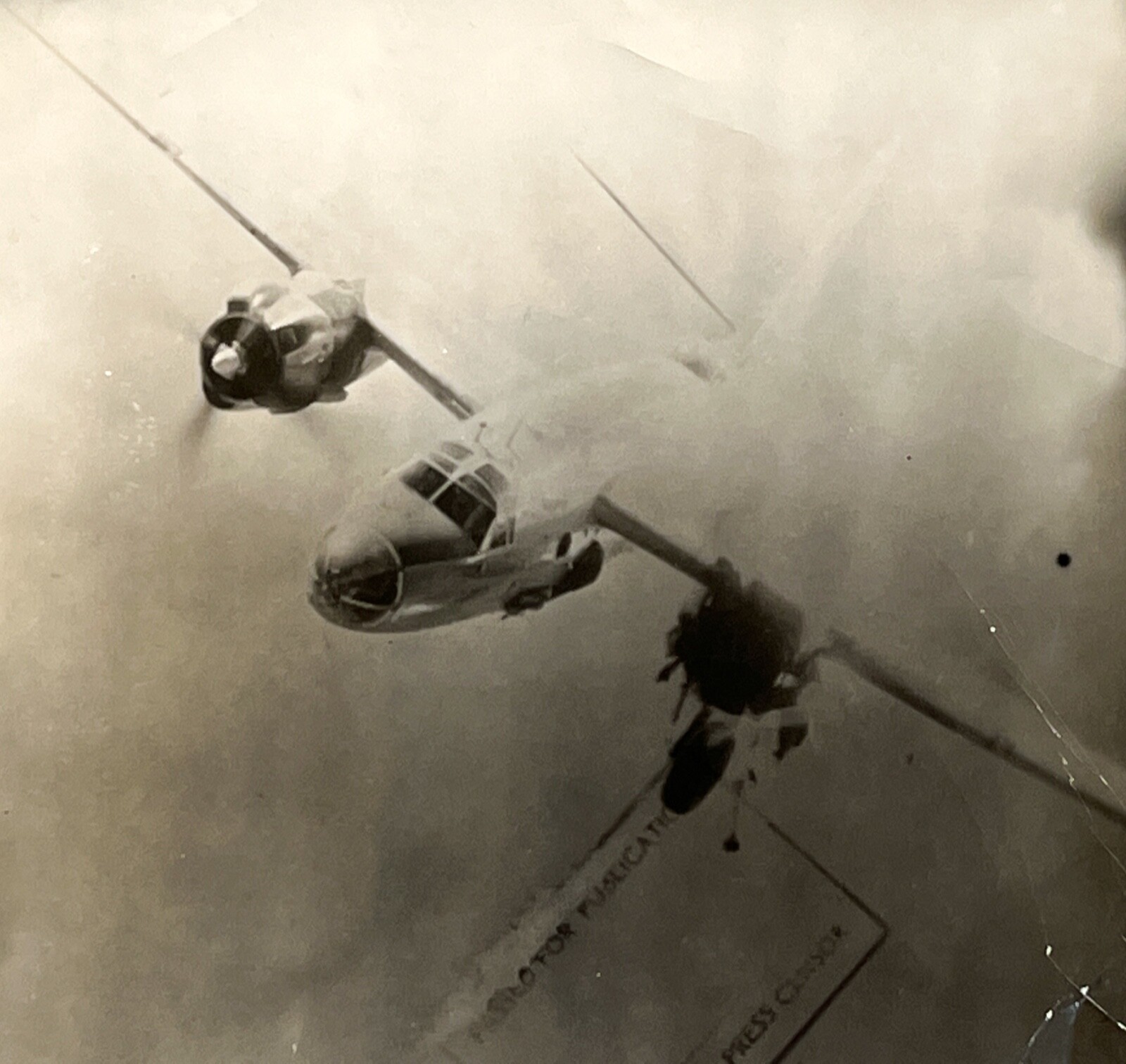 1944 WW2 Photo B26 Marauder Bomber Hit Flying Over France Stamped ...