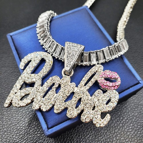 Gold Plated Large Barbie Pendant & Iced Baguette Cubic Zirconia Chain ...
