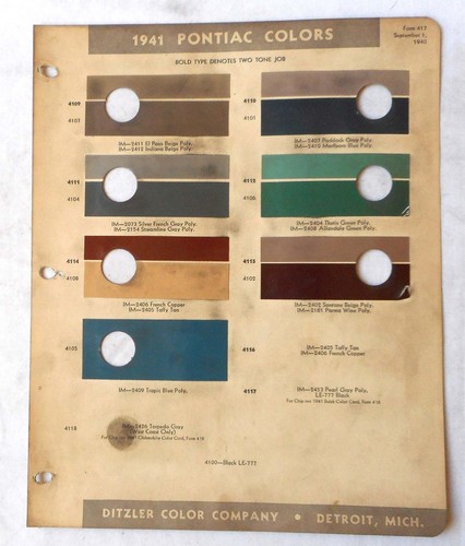 1941 PONTIAC PPG DITZLER COLOR PAINT CHIP CHART ALL MODELS ORIGINAL GM ...