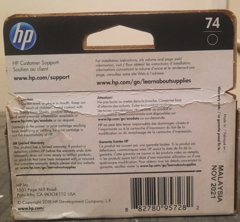 HP 74 Black Original Ink Cartridge New CB335WN Genuine Print EXP Nov ...