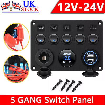 5 Gang 12V/24V Inline Fuse Box LED Switch Panel Dual USB Car Boat Truck ...