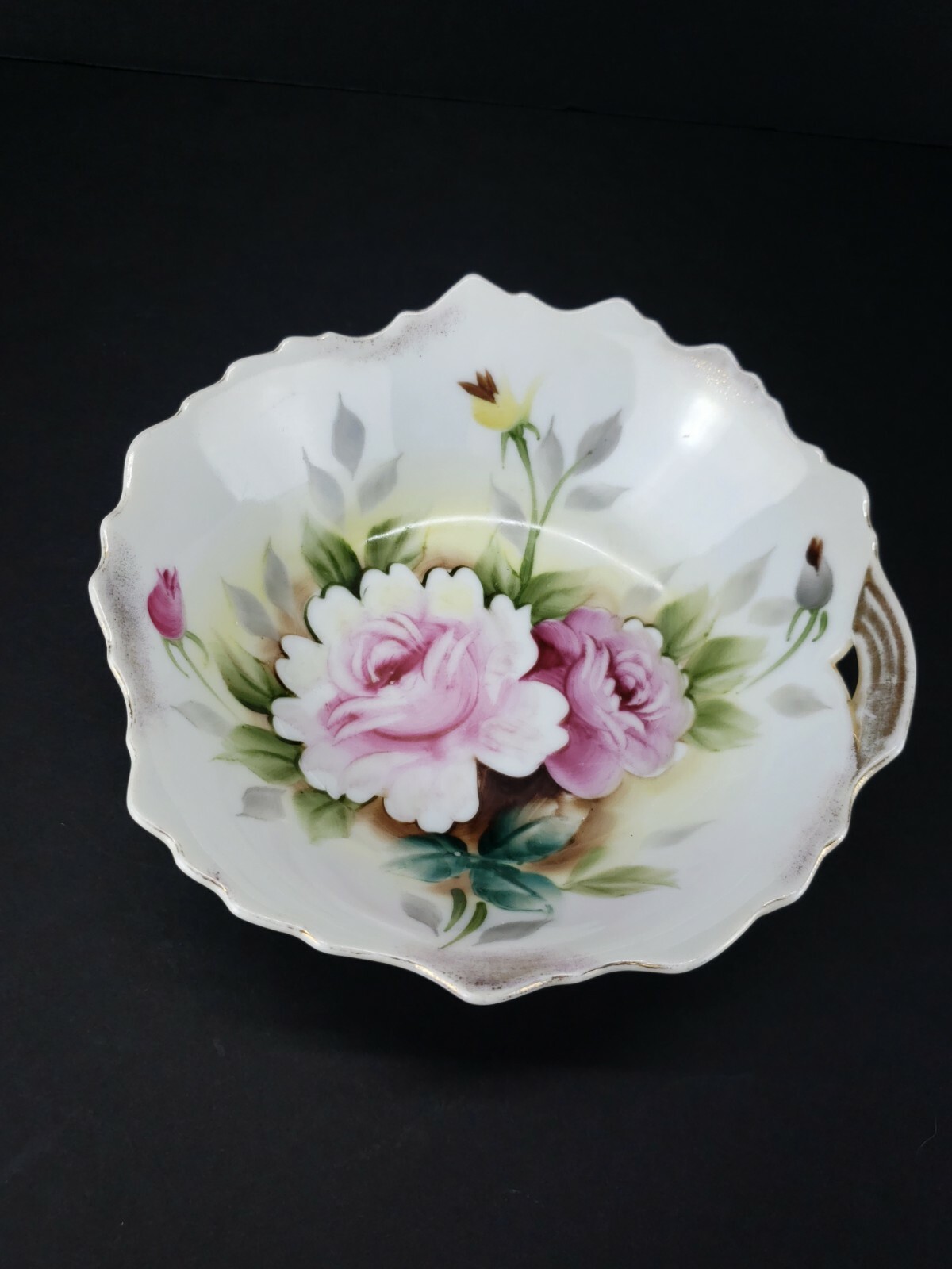 Lipper & Mann Hand Painted Roses Scalloped Edge Open Handle Bowl Made ...