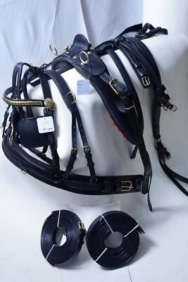 New black leather driving harness size full cob and pony with brass ...