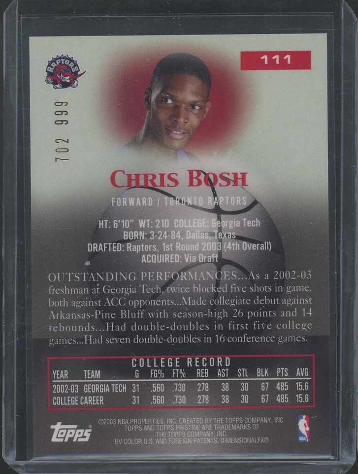2003-04 Topps Pristine Chris Bosh Rookie RC /999 #111 Toronto Raptors ...