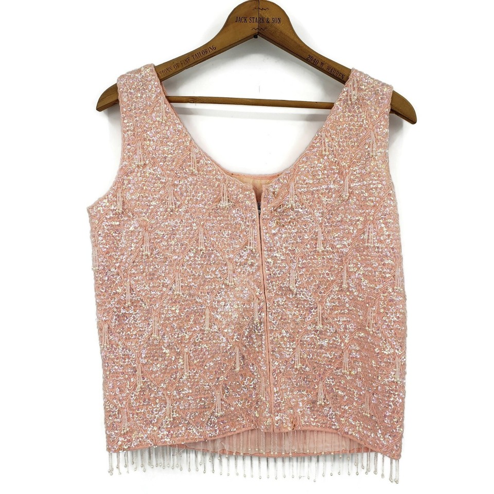 Vintage Pink Sequin Beaded Tank Shell Top Wool Knit Fringe 50s 60s | eBay