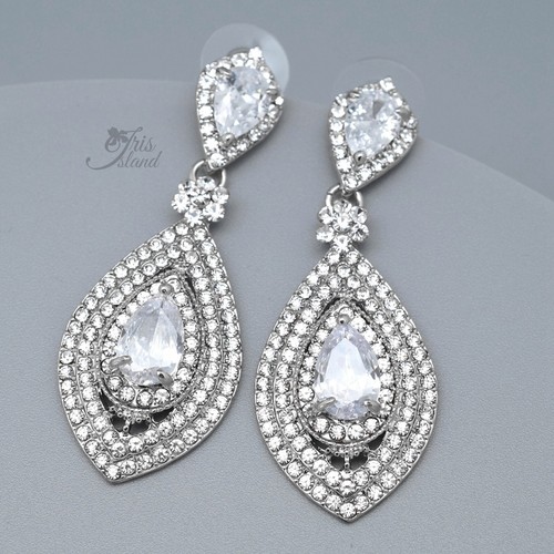 Drop Dangle Earrings Clear Crystal Rhinestone CZ Women Bridal Wedding ...